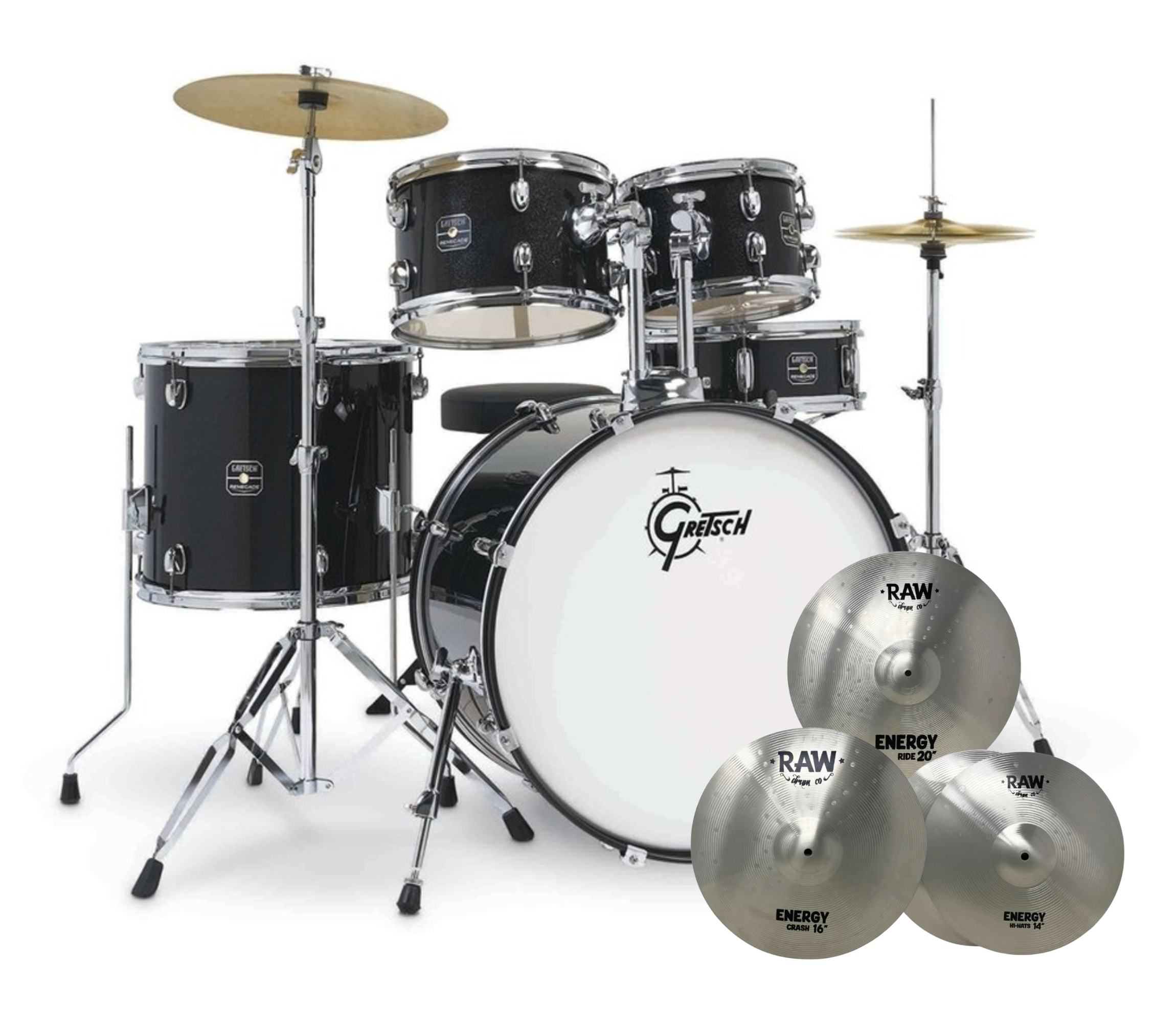 Gretsch Renegade 5-Piece Drum Kit with Hardware + RAW Cymbals in Black ...